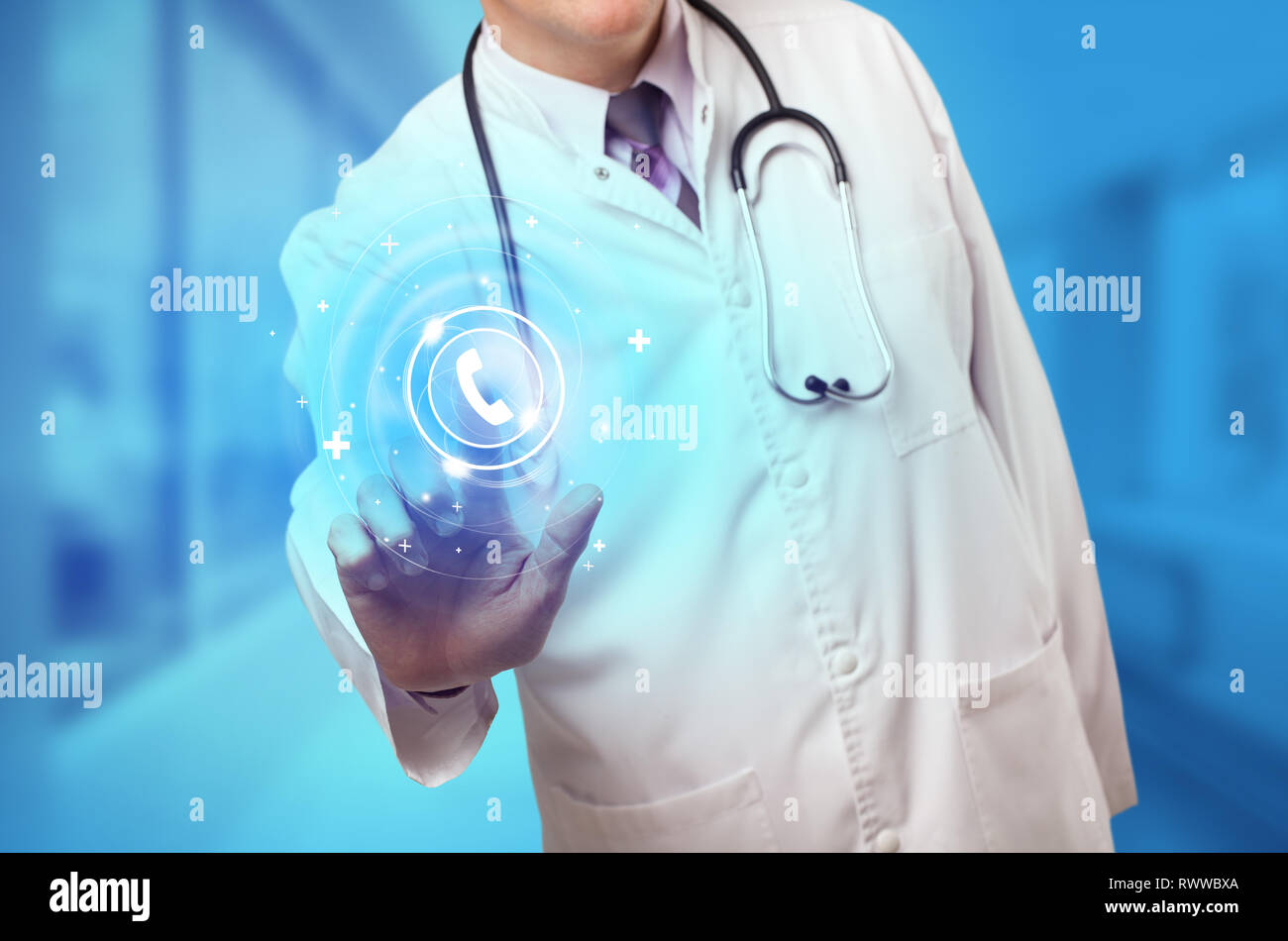 Doctor touching blue screen with call center concept Stock Photo - Alamy