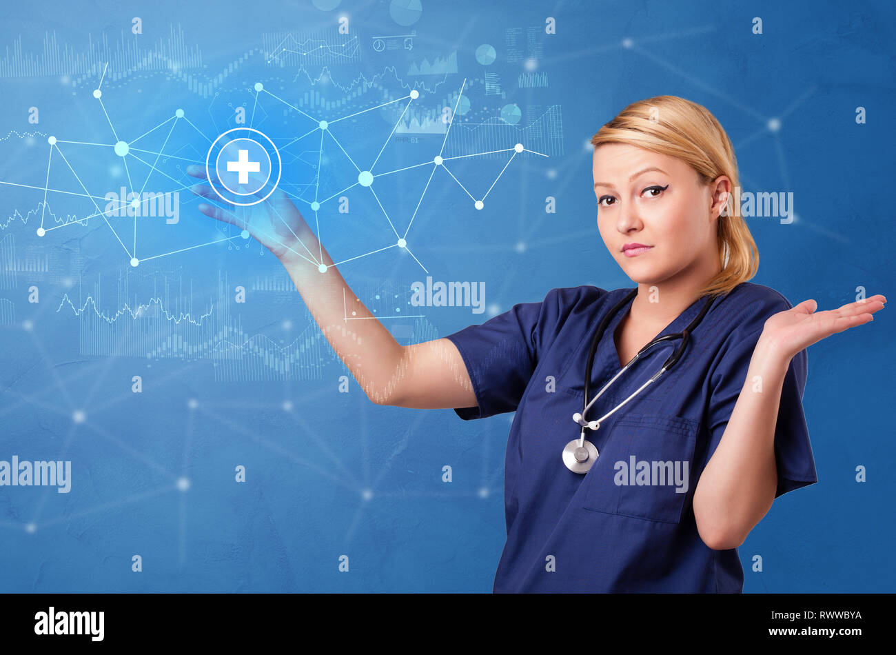 Doctor touching blue screen with virtual hospital concept Stock Photo ...