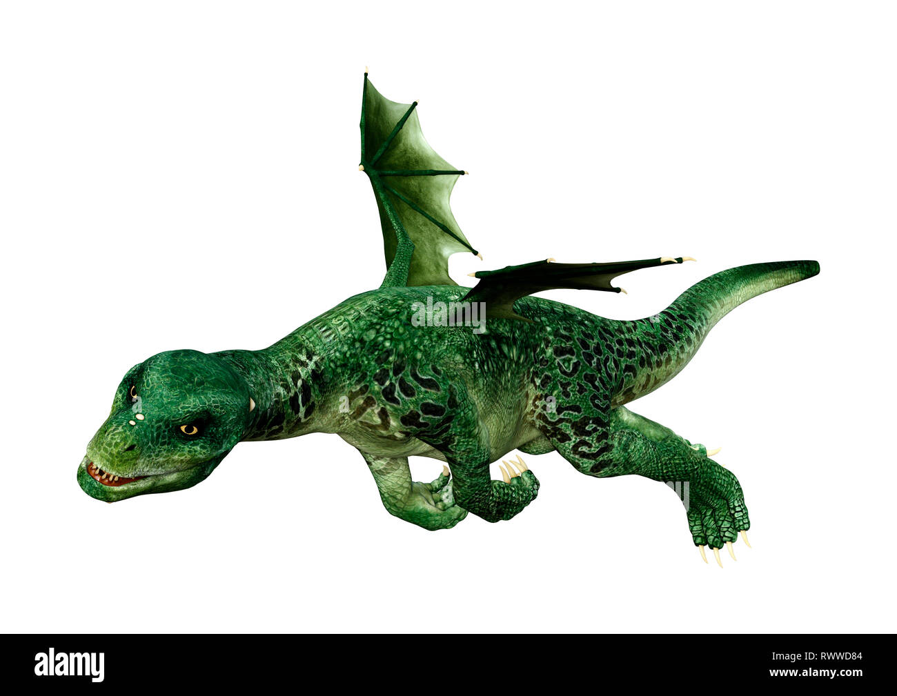 3D rendering of a green fantasy hatchling dragon isolated on white ...