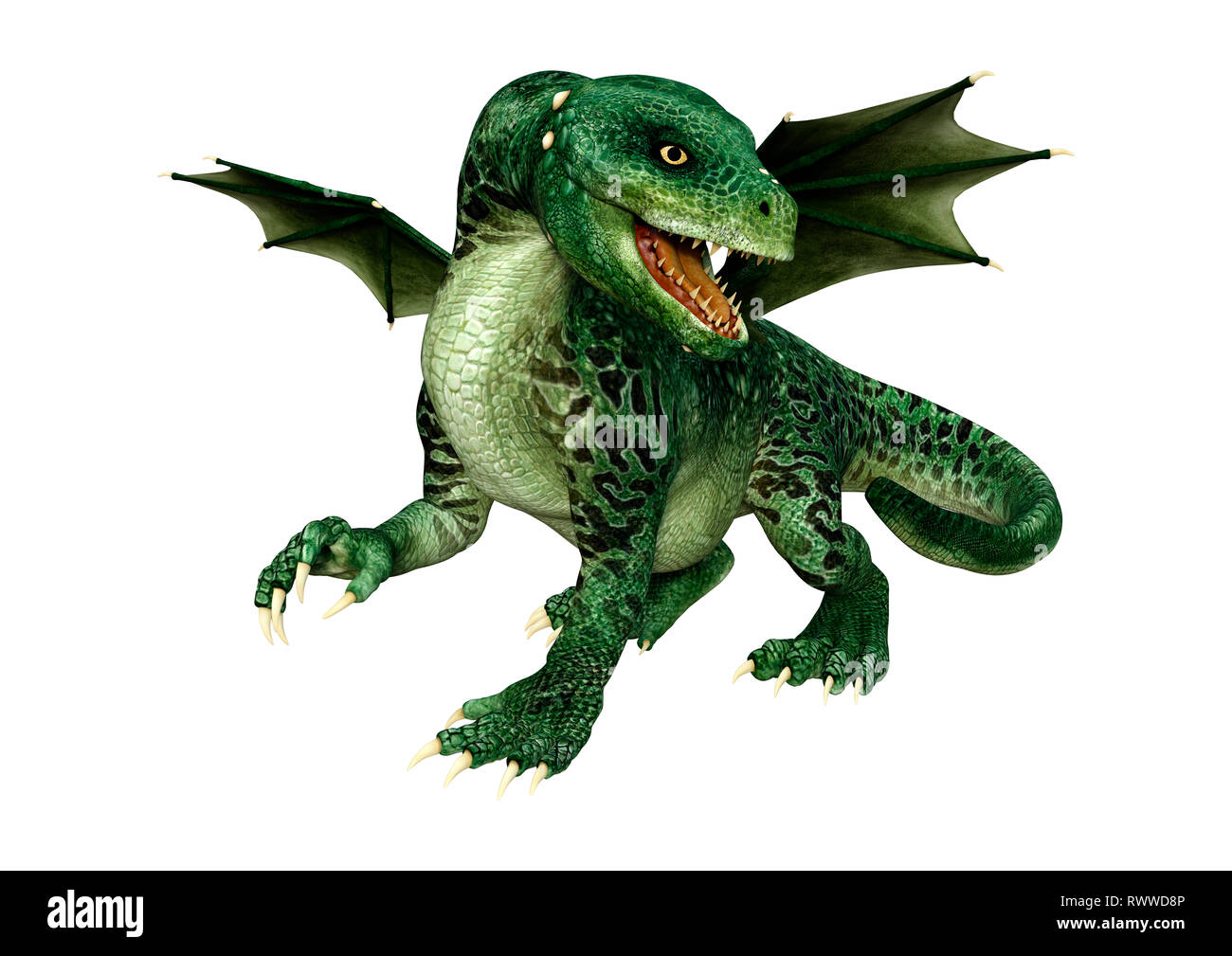 3D rendering of a green fantasy hatchling dragon isolated on white ...