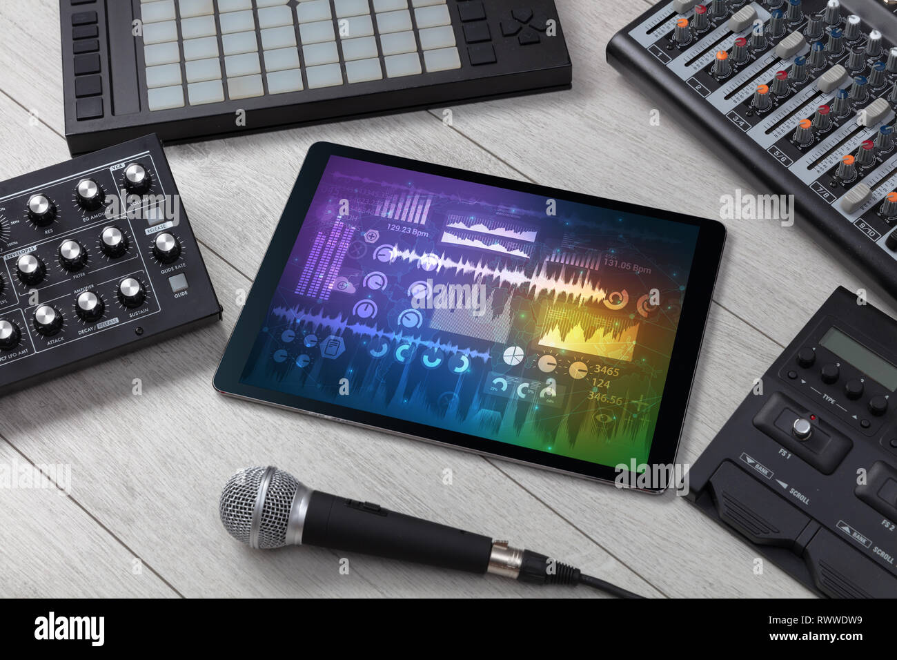 Electronic music instruments, microphone, piano, consoles and tablet ...
