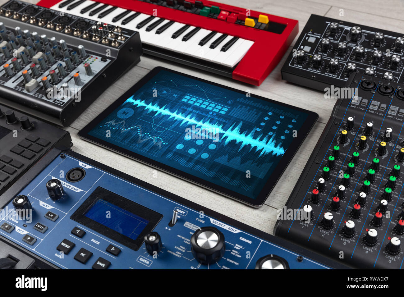 Music instruments and tablet with recording sound concept Stock Photo ...