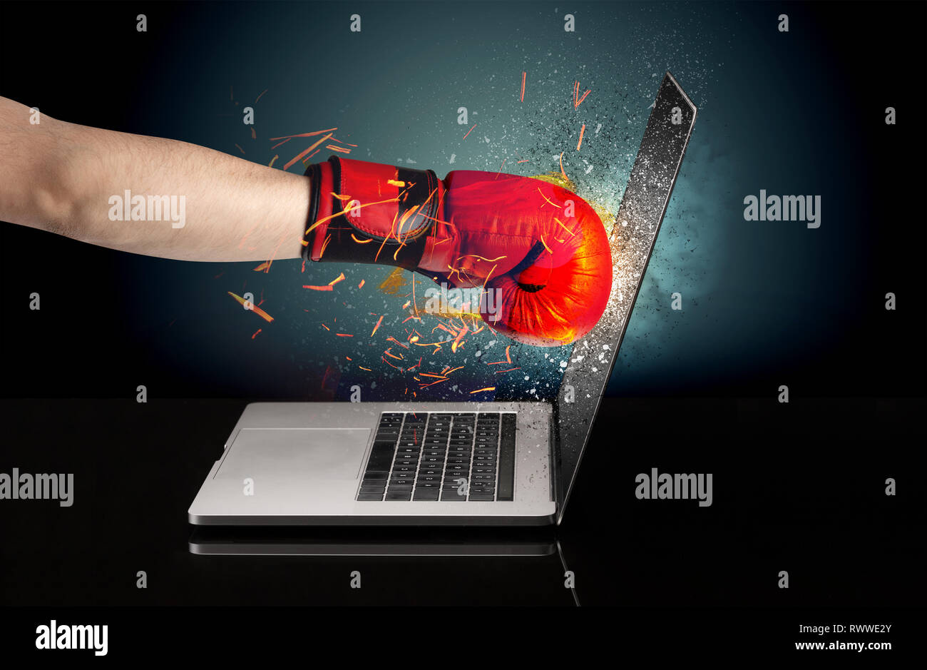 Arm hitting strongly laptop screen which breaks in little pieces Stock ...