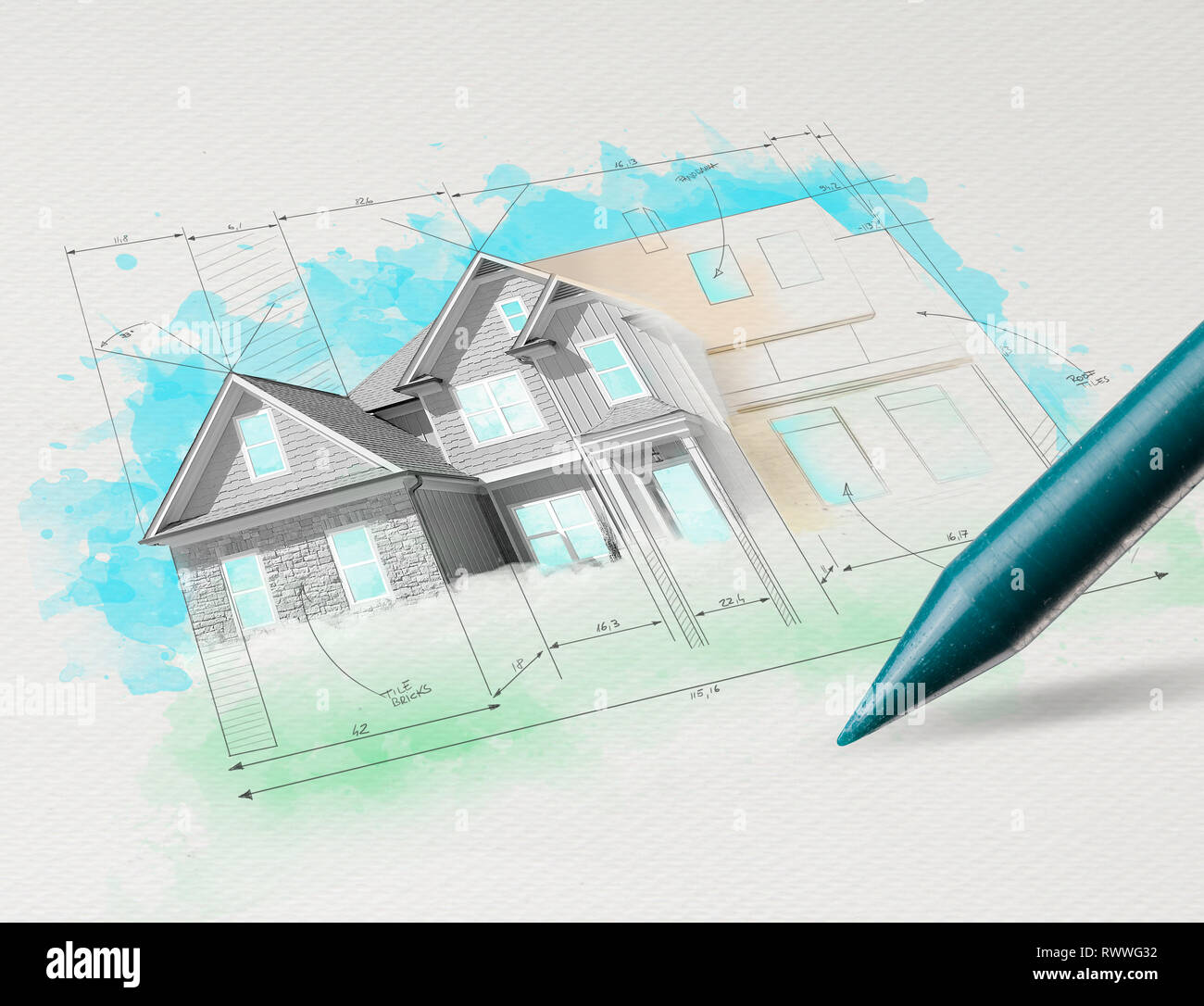 Drawing colored house plan concept Stock Photo - Alamy