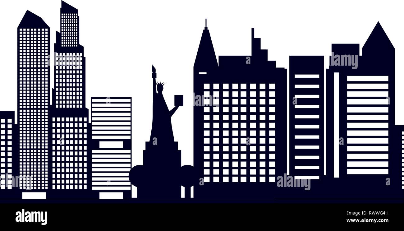 buildings cityscape scene with liberty statue vector illustration ...