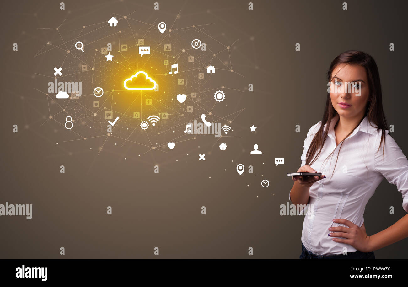 Young person using phone with cloud technology and online communication ...