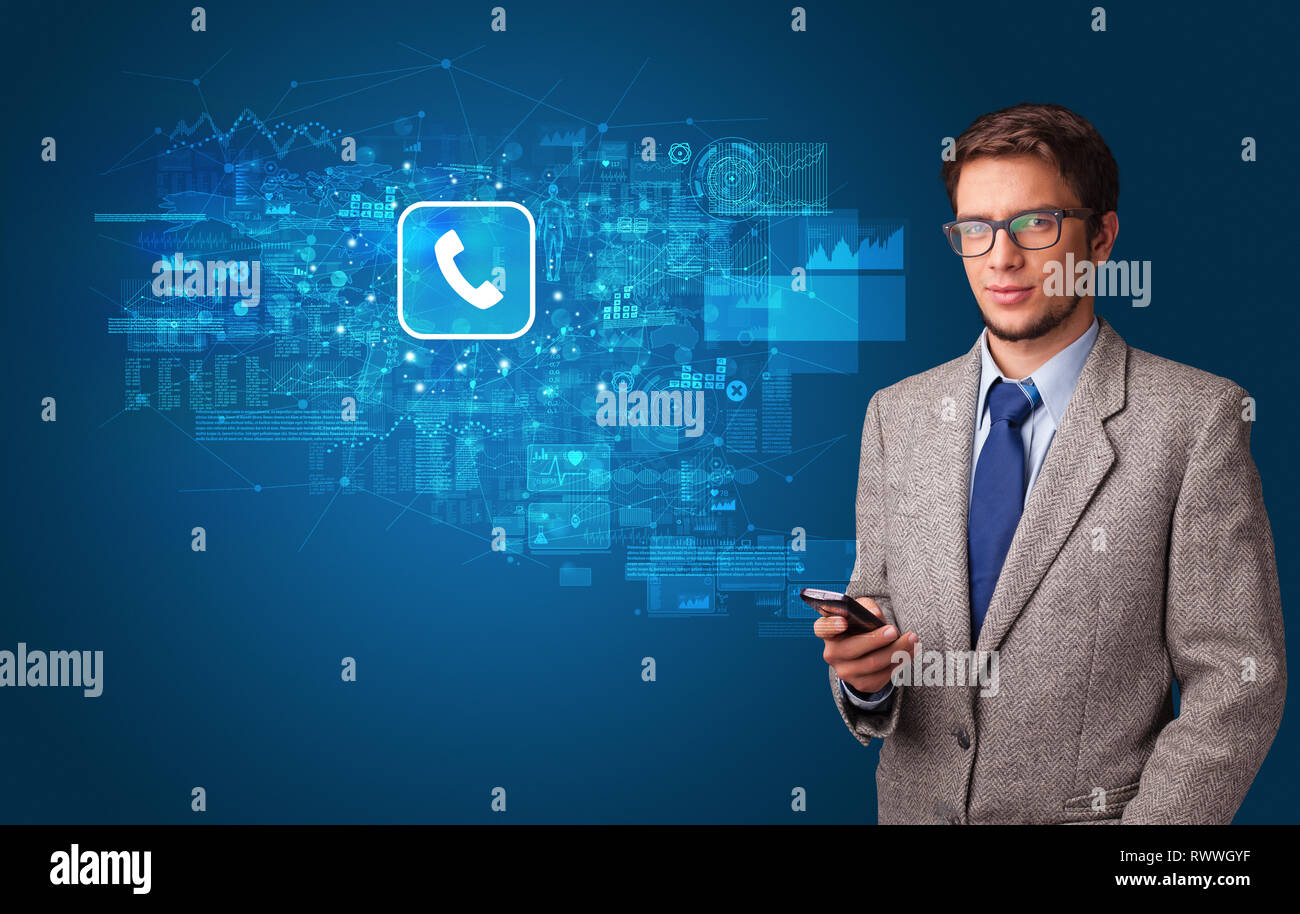 Young person using phone with mail and online communication concept ...