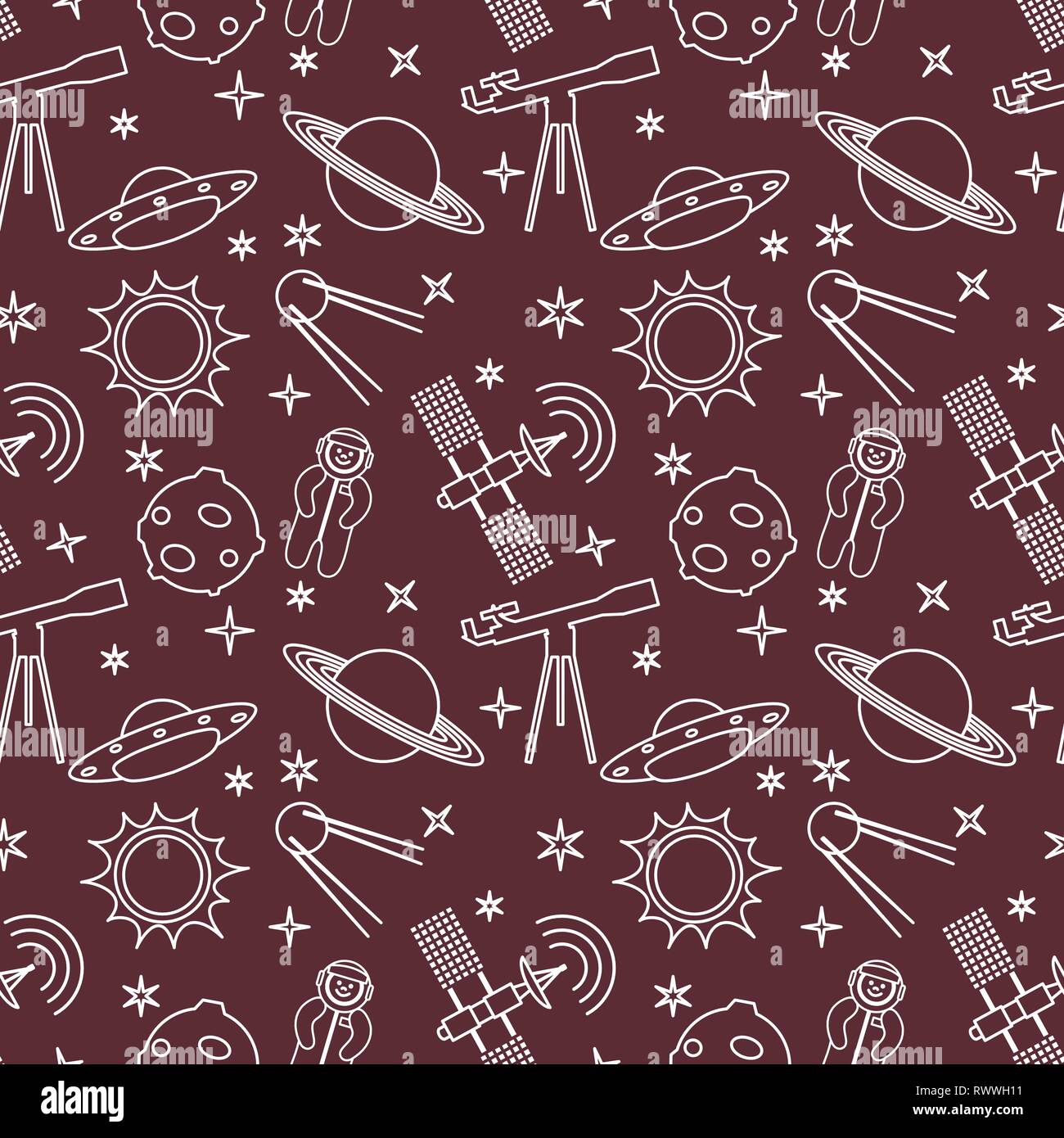 Seamless pattern with telescope, UFO, satellite, planets, astronaut ...