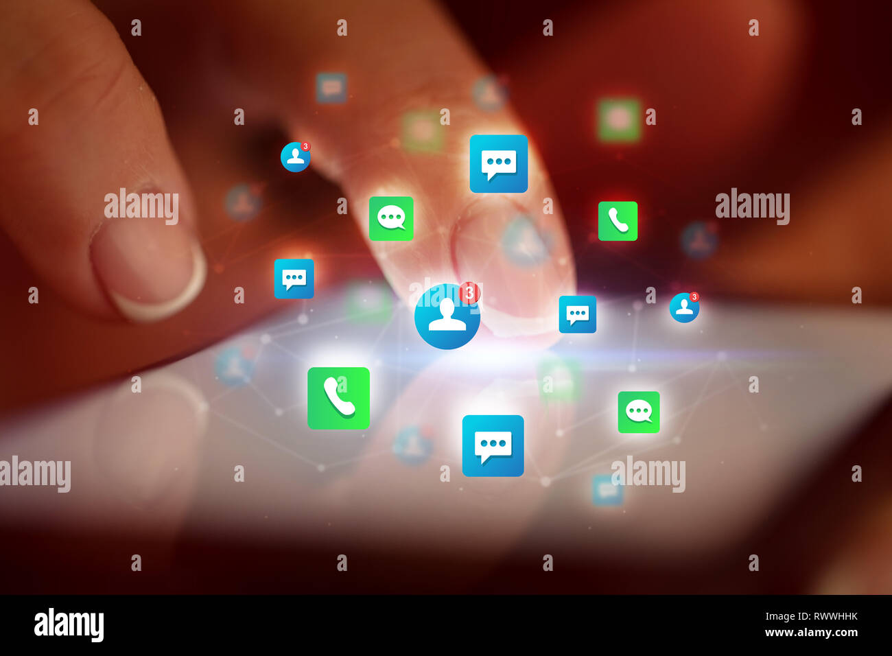 Finger touching phone with friends and contact concept and dark ...