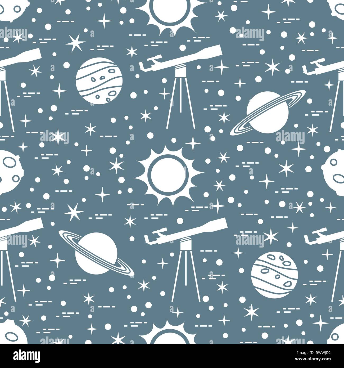 Seamless pattern with telescope, sun, planets, stars. Space exploration ...