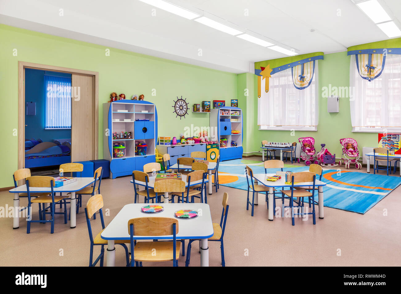 kindergarten, study room. Kindergarten with toy sets. Closeup Stock ...