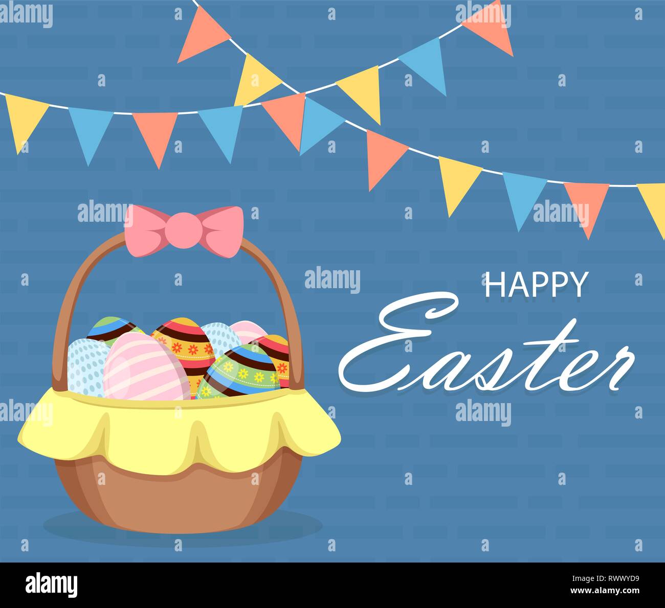 Happy Easter greeting card. Basket full of colored eggs. Easter, spring ...