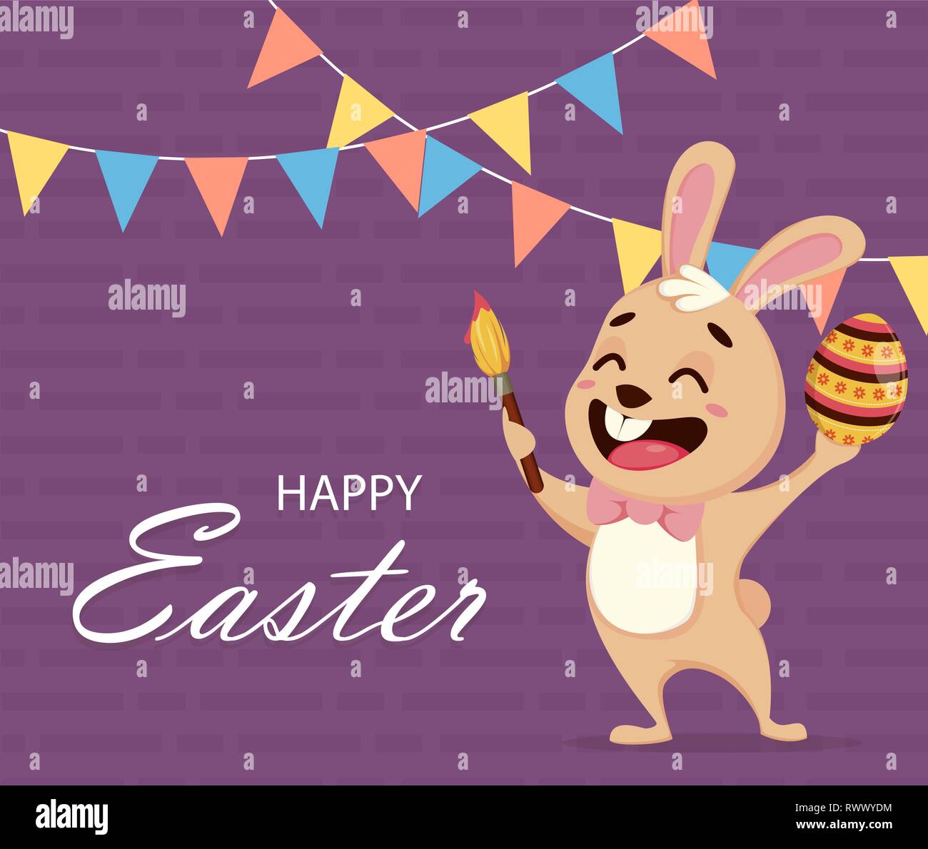 Happy Easter greeting card. Cute rabbit cartoon character holding ...