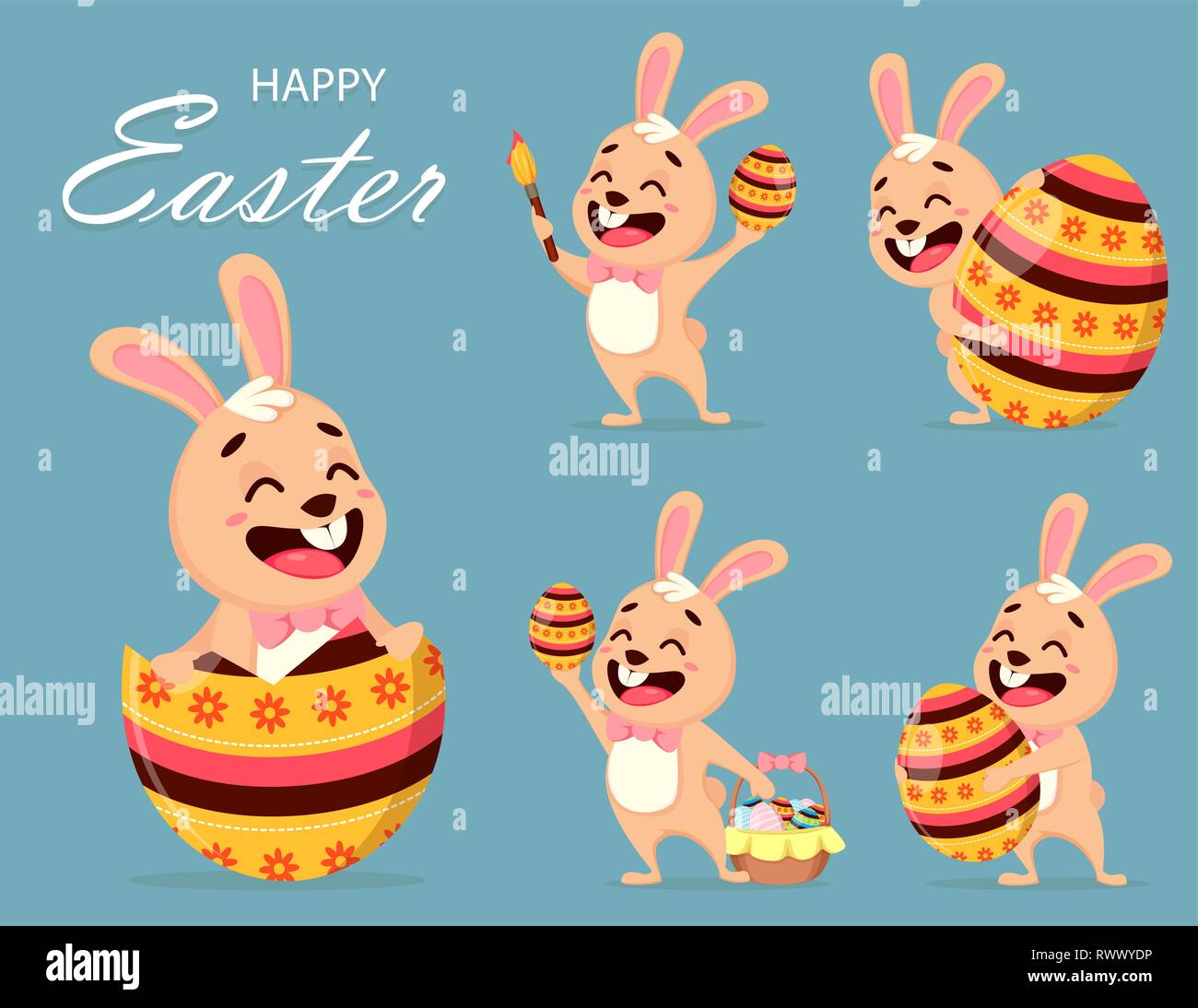 Happy Easter greeting card. Cute rabbit cartoon character, set of five ...