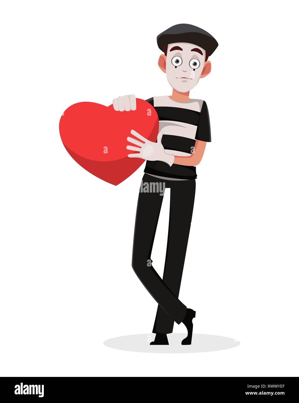 Mime cartoon character holding big red heart. Flat style. Usable for ...