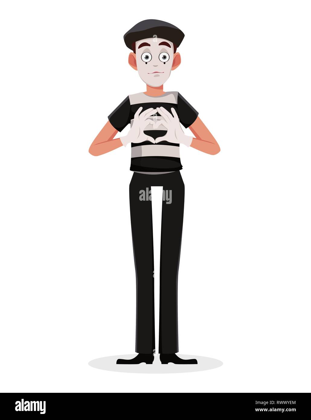Mime cartoon character performing pantomime called Giving Heart. Flat ...
