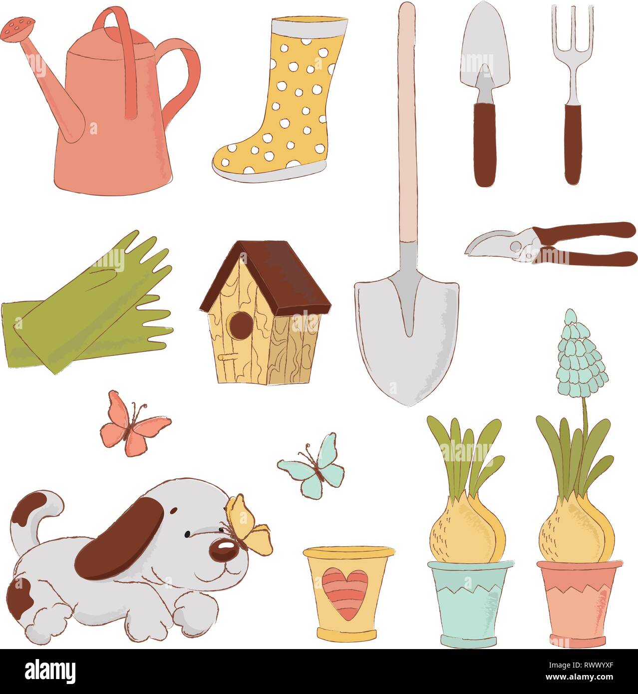 GARDEN ACCESSORIES Spring Season Work Detail Holiday Cartoon Vector ...