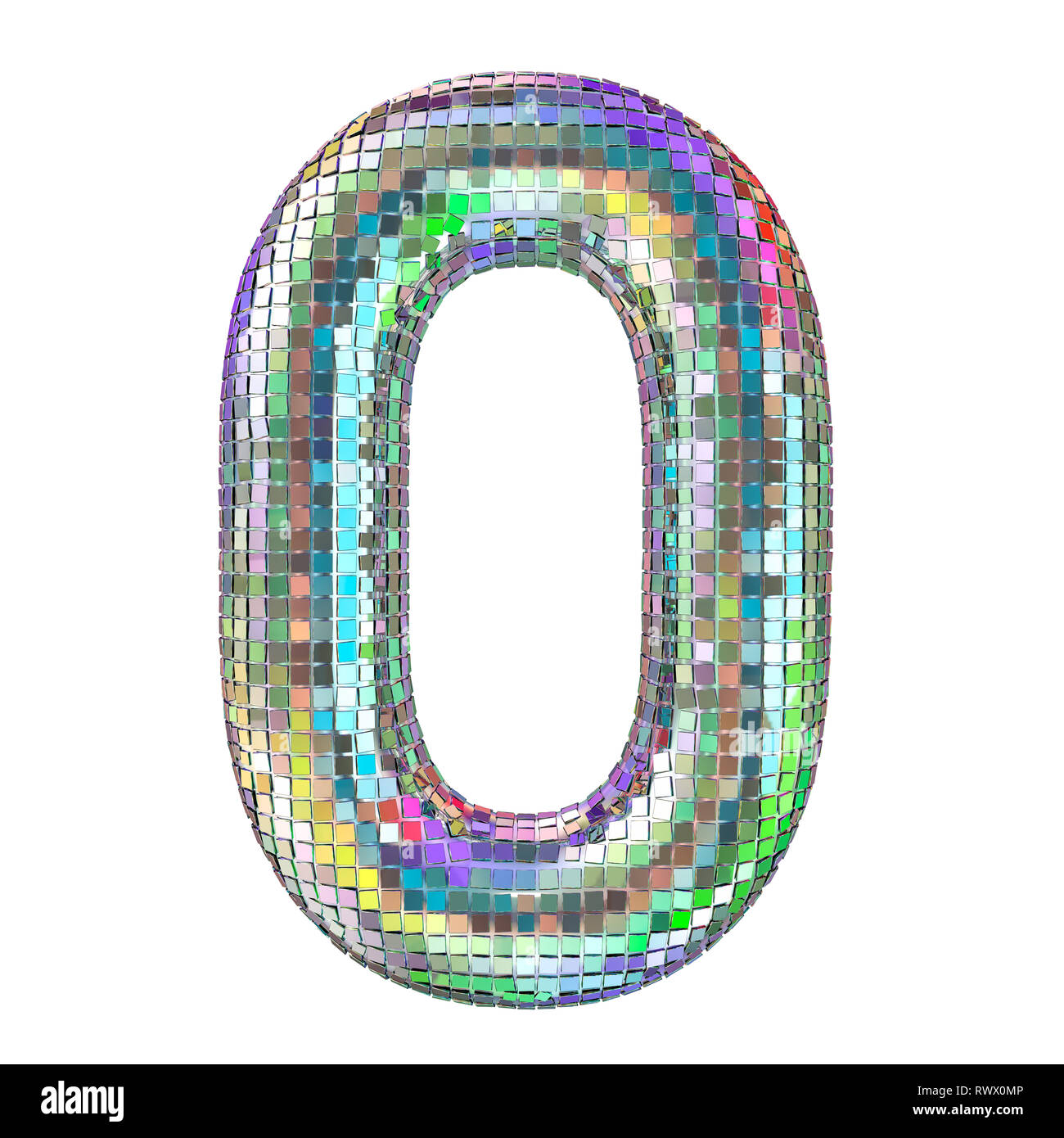 Disco font, number 0 from glitter mirror facets. 3D rendering isolated ...