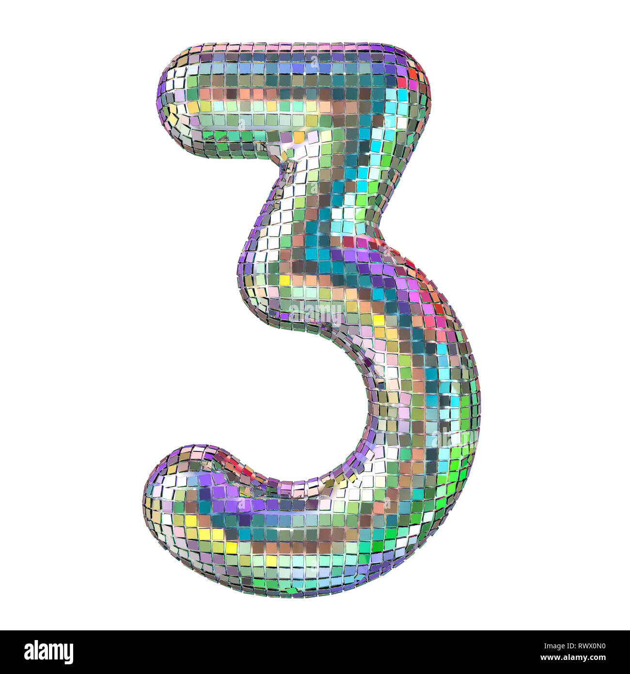 Disco font, number 3 from glitter mirror facets. 3D rendering isolated ...