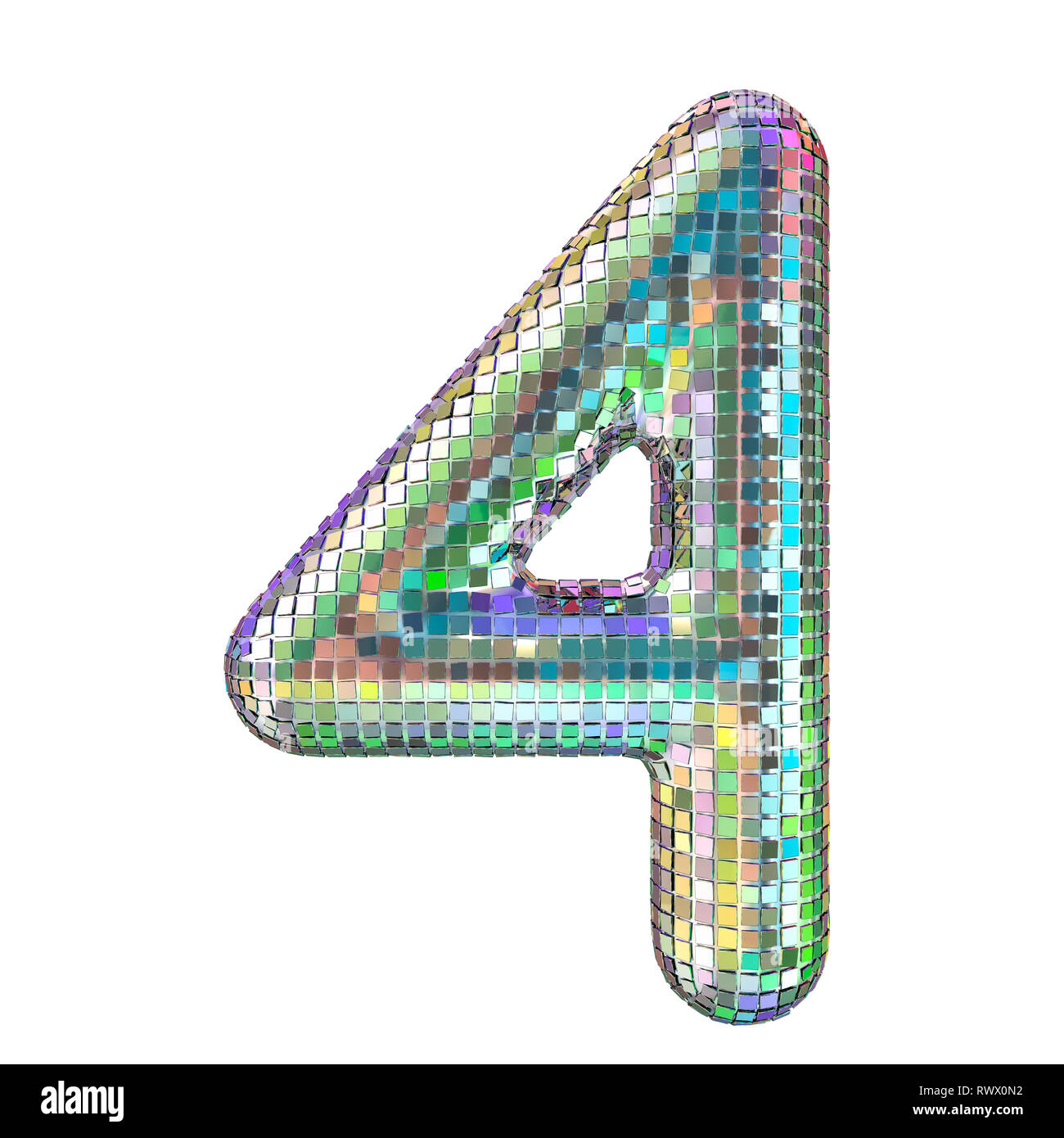 Disco font, number 4 from glitter mirror facets. 3D rendering isolated ...