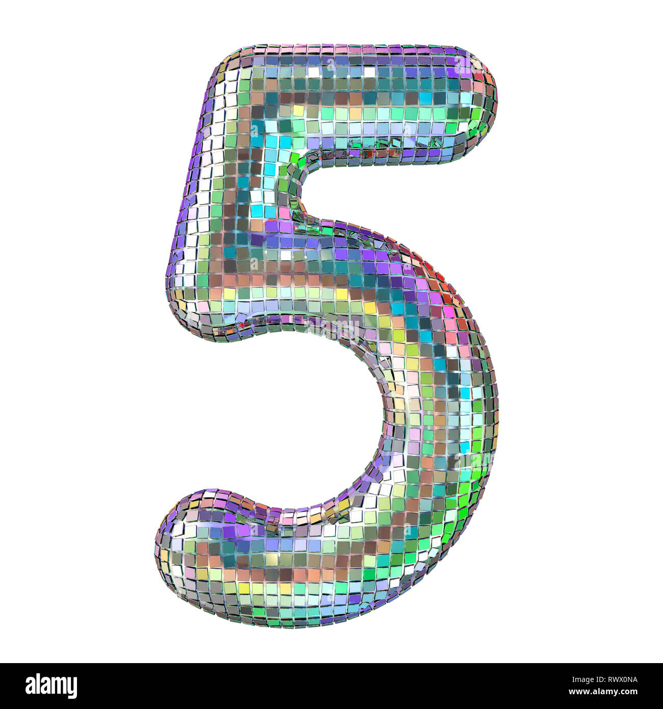 Disco font, number 5 from glitter mirror facets. 3D rendering isolated ...