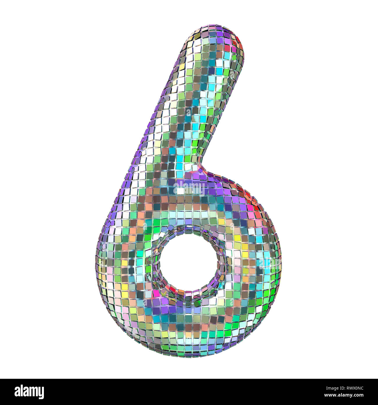Disco font, number 6 from glitter mirror facets. 3D rendering isolated ...