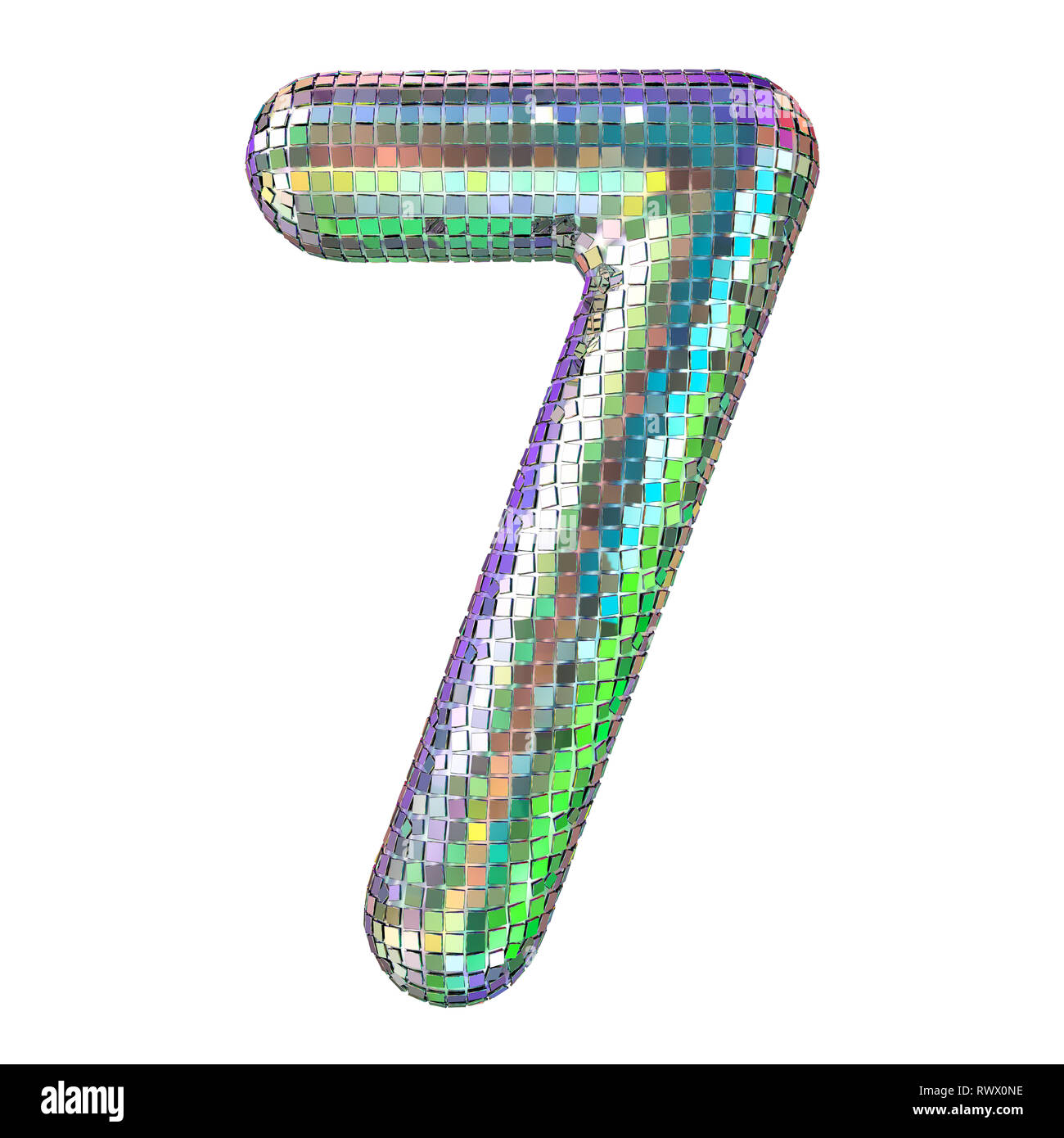 Disco font, number 7 from glitter mirror facets. 3D rendering isolated ...