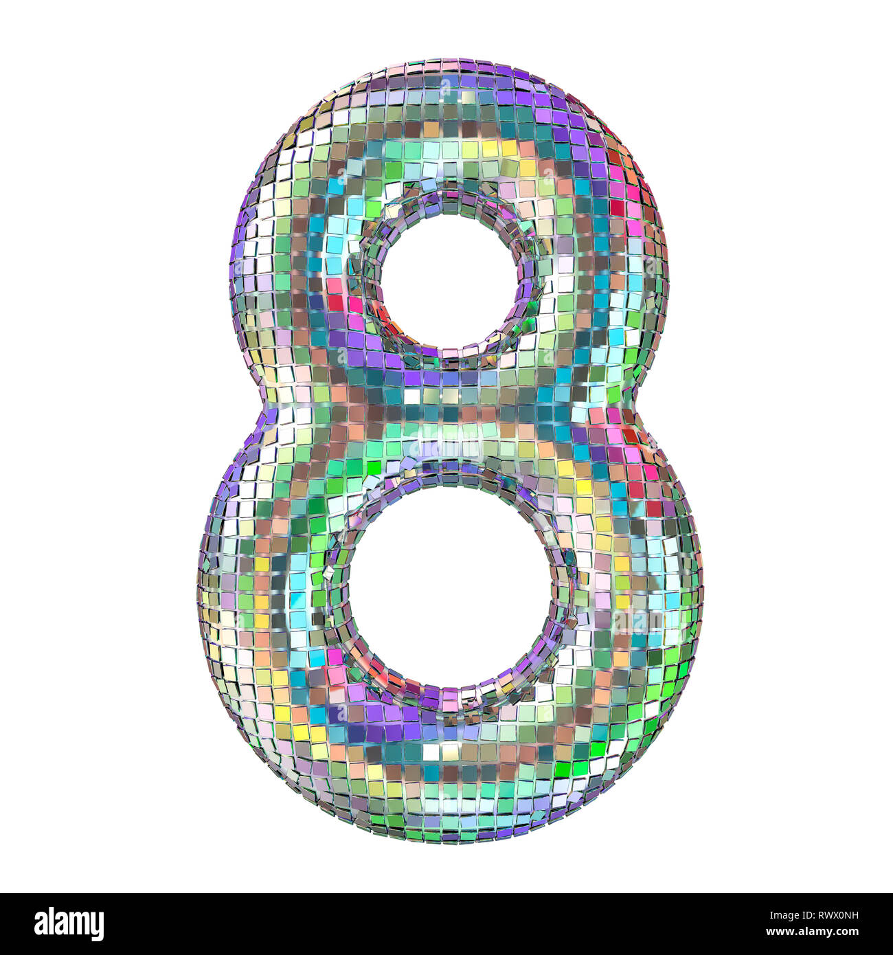 Disco font, number 8 from glitter mirror facets. 3D rendering isolated ...