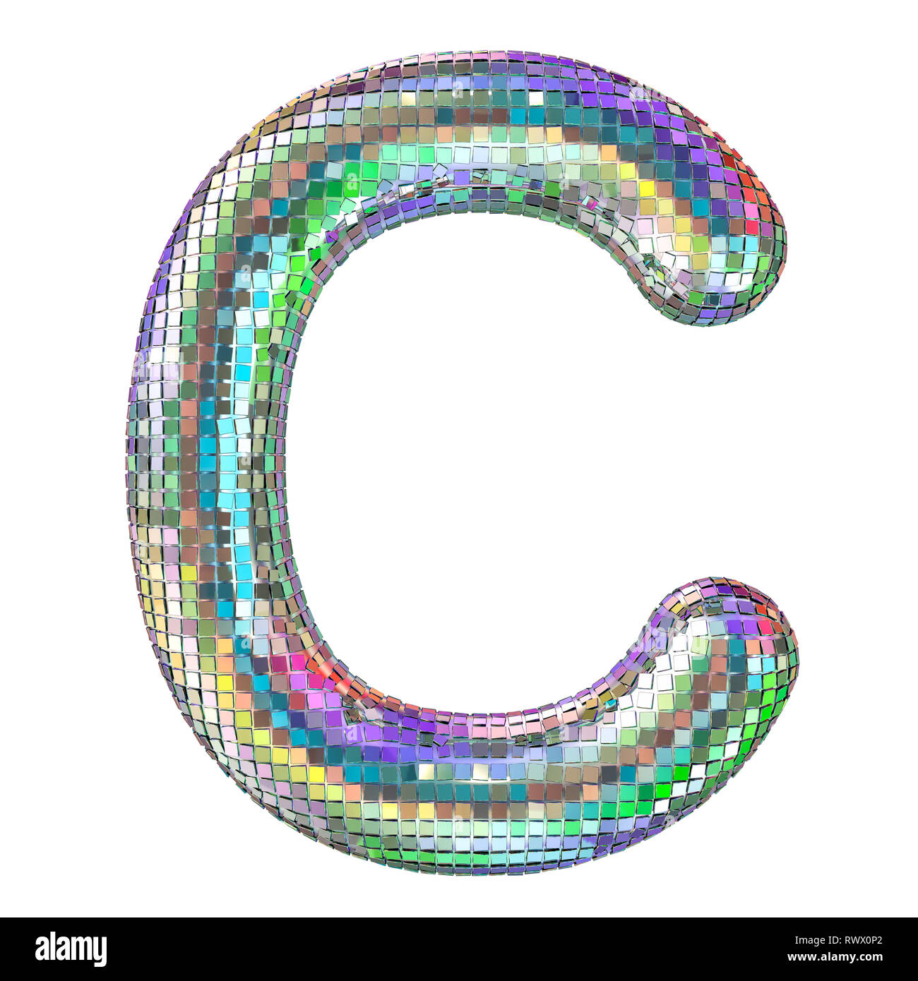 Disco font, letter C from glitter mirror facets. 3D rendering isolated ...