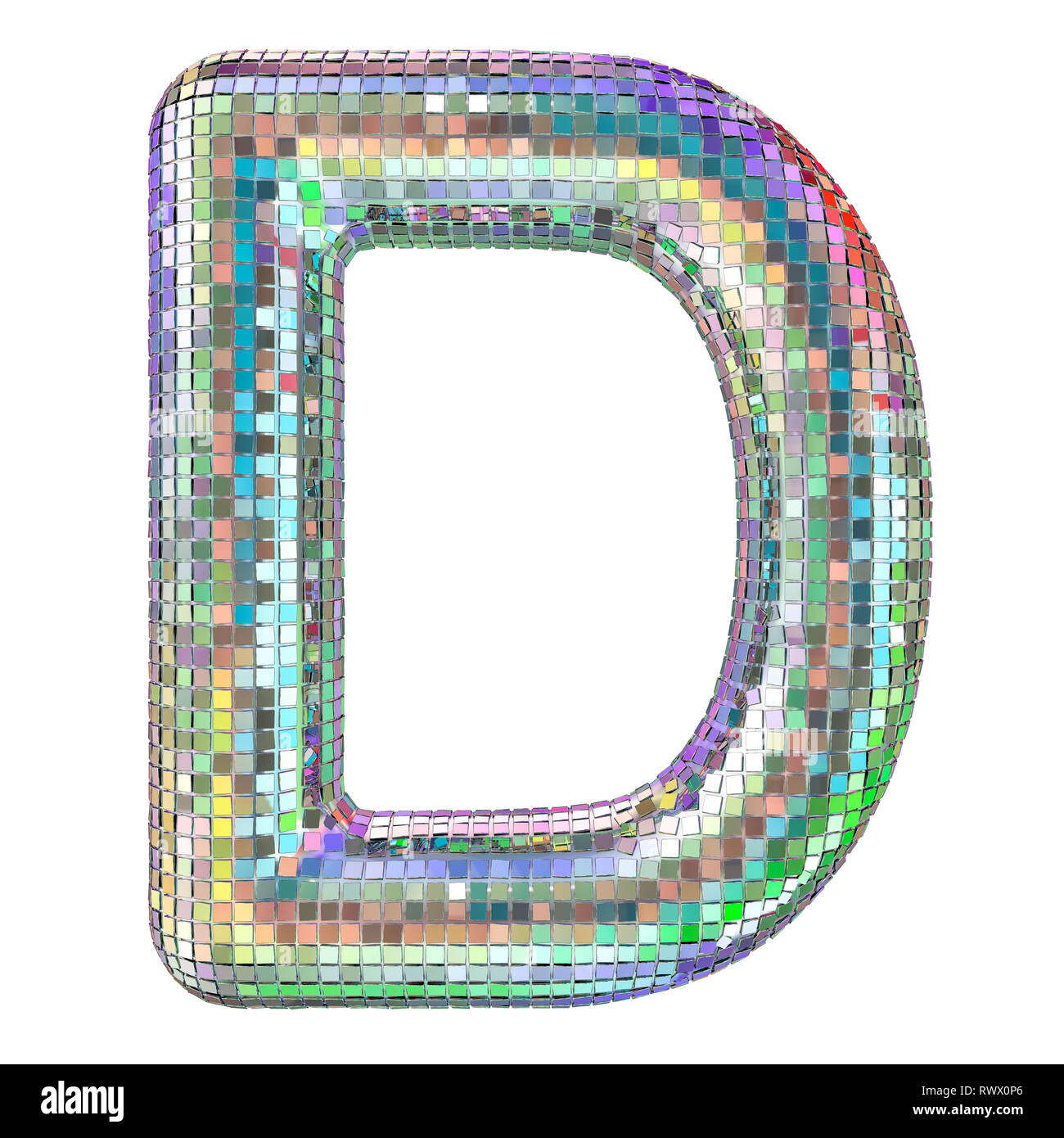 Disco font, letter D from glitter mirror facets. 3D rendering isolated ...