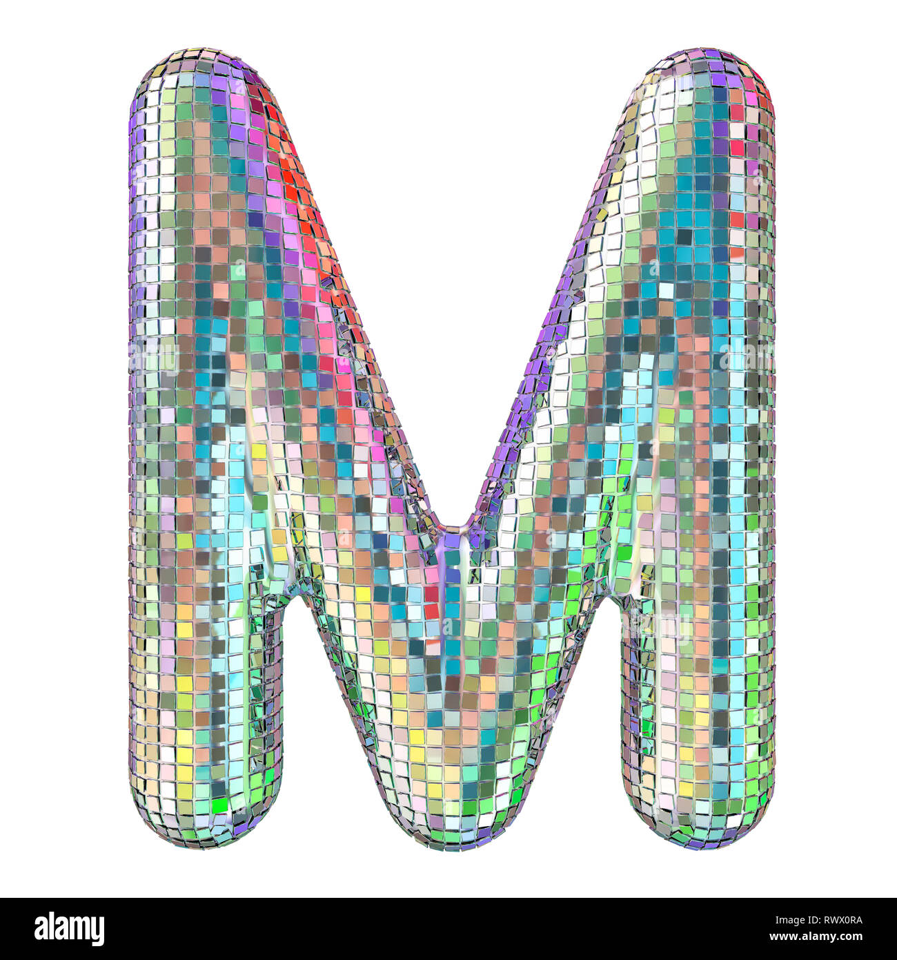 Disco font, letter M from glitter mirror facets. 3D rendering isolated ...