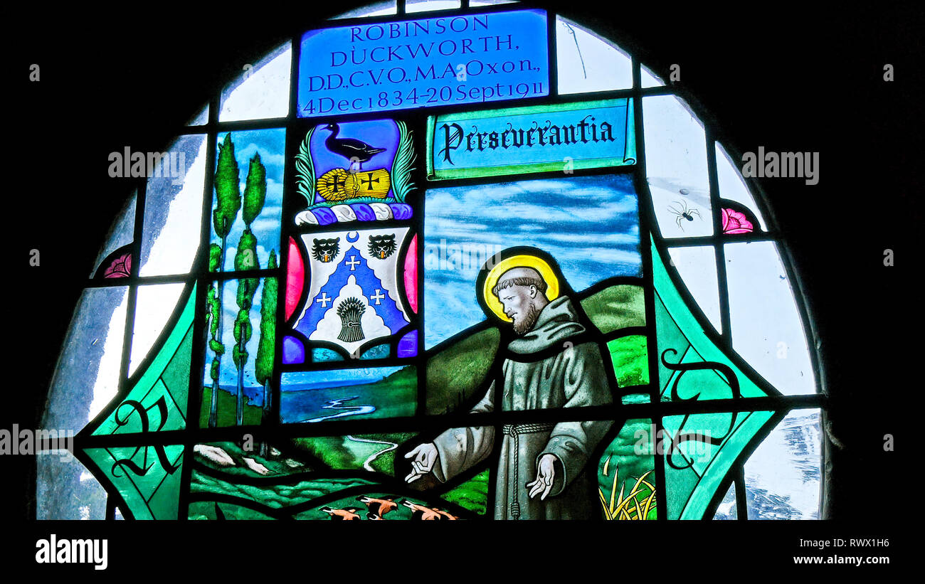 A Stained Glass On The Window Of Westminster Abbey There Is A Description Of The Image On The