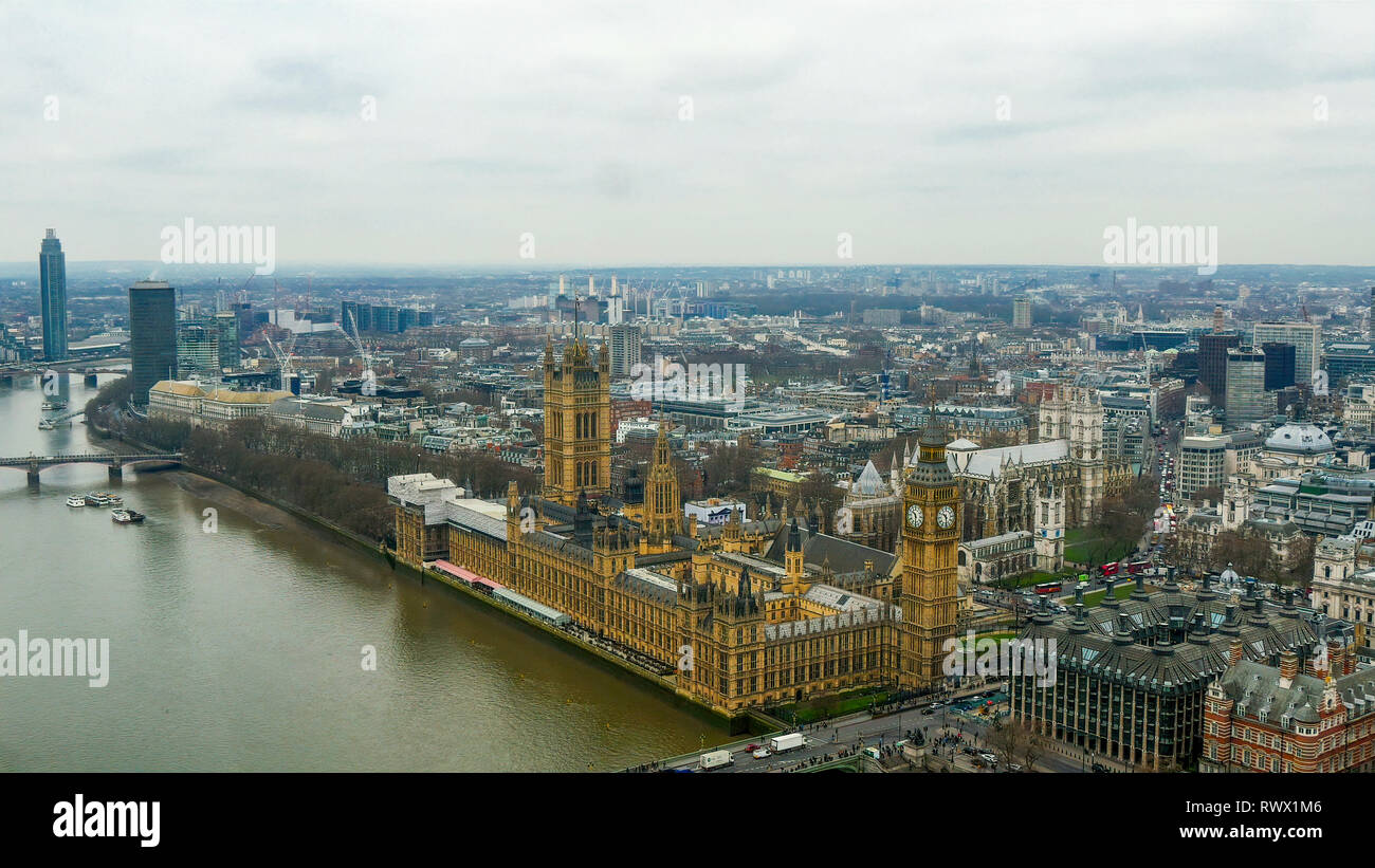 Birds view of the Thames river in London showing the buildings and ...