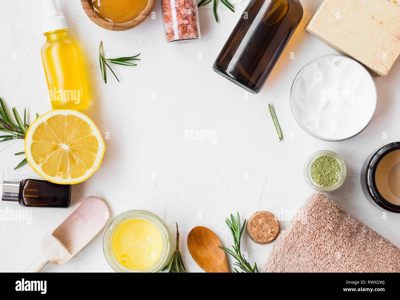 Natural skincare ingredients with manuka honey, lemon, essential oil ...