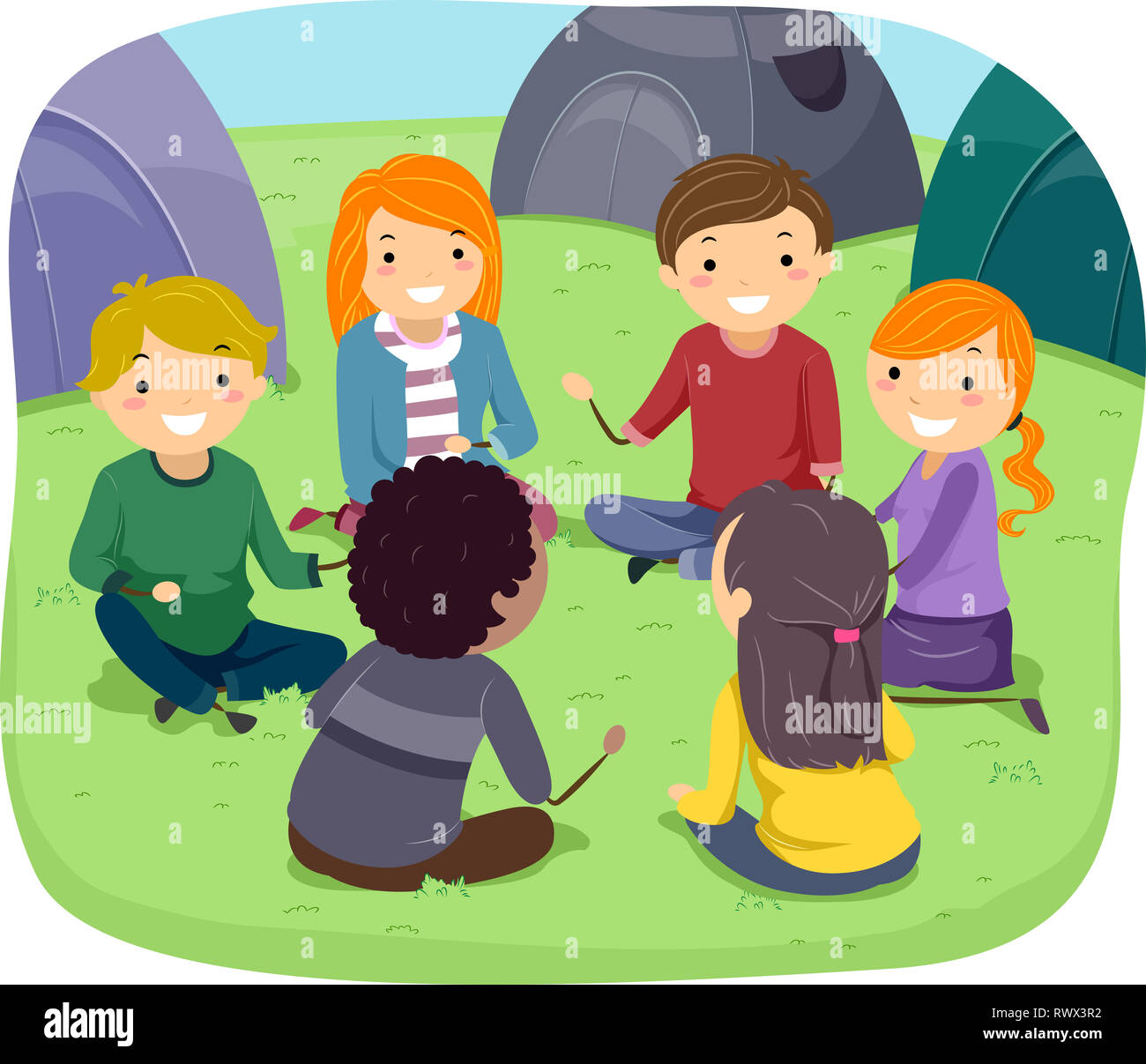 Illustration of Stickman Teens Sitting in Circle Outdoors with their ...