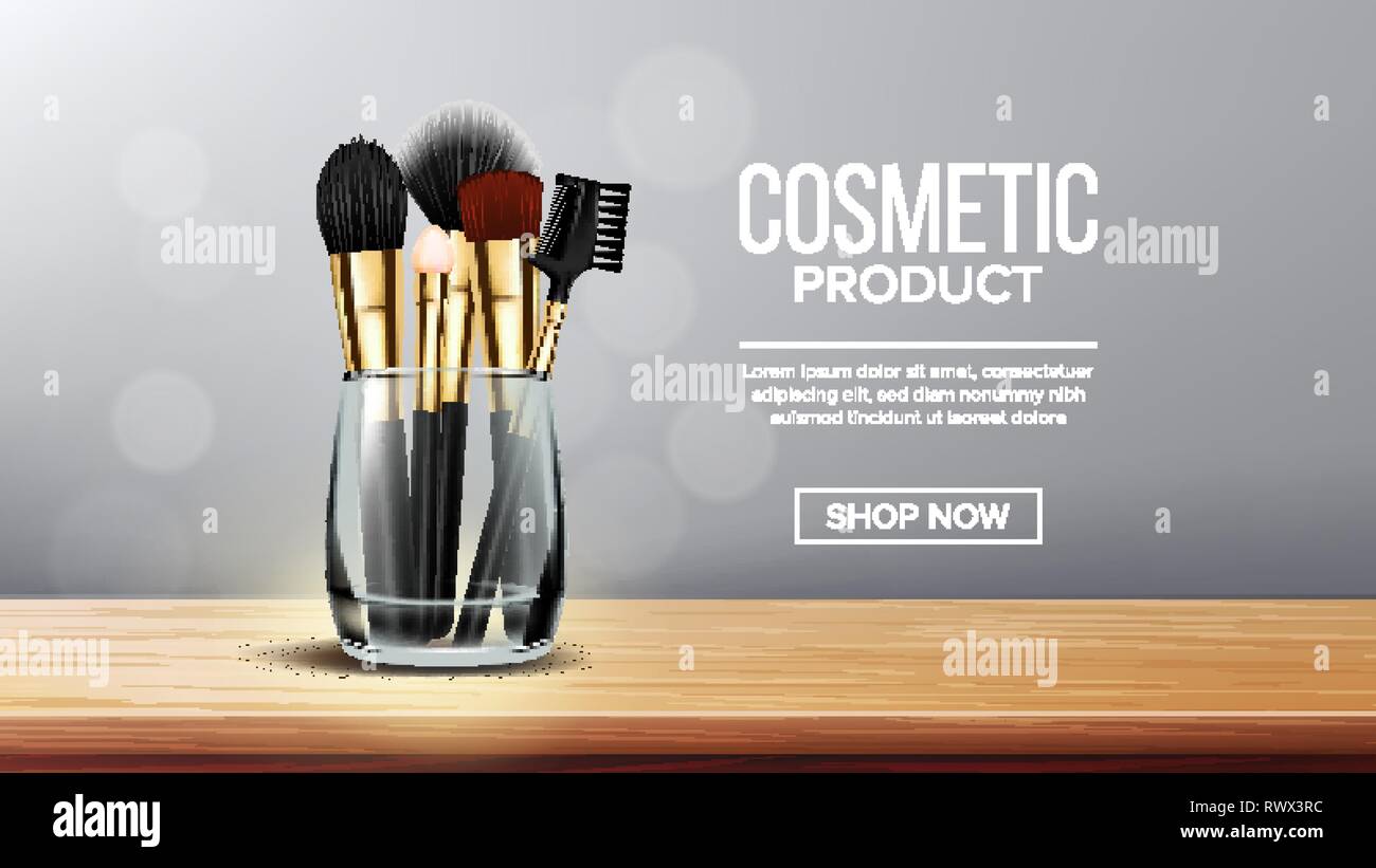 Makeup Brush Banner Vector. Holder. Wooden Stand. Female Accessory ...