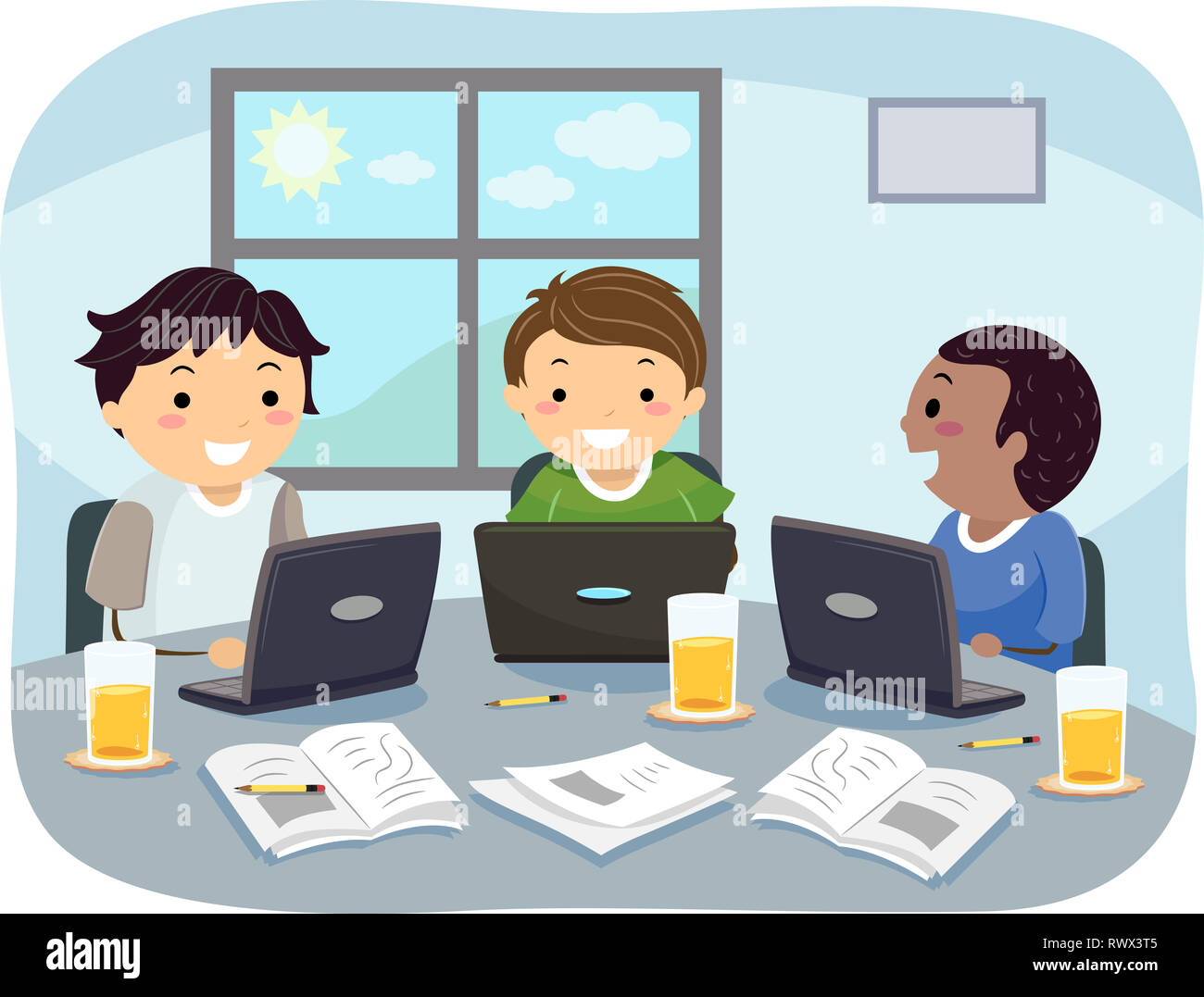 Illustration of Stickman Teenage Guys with their Laptops Studying or ...