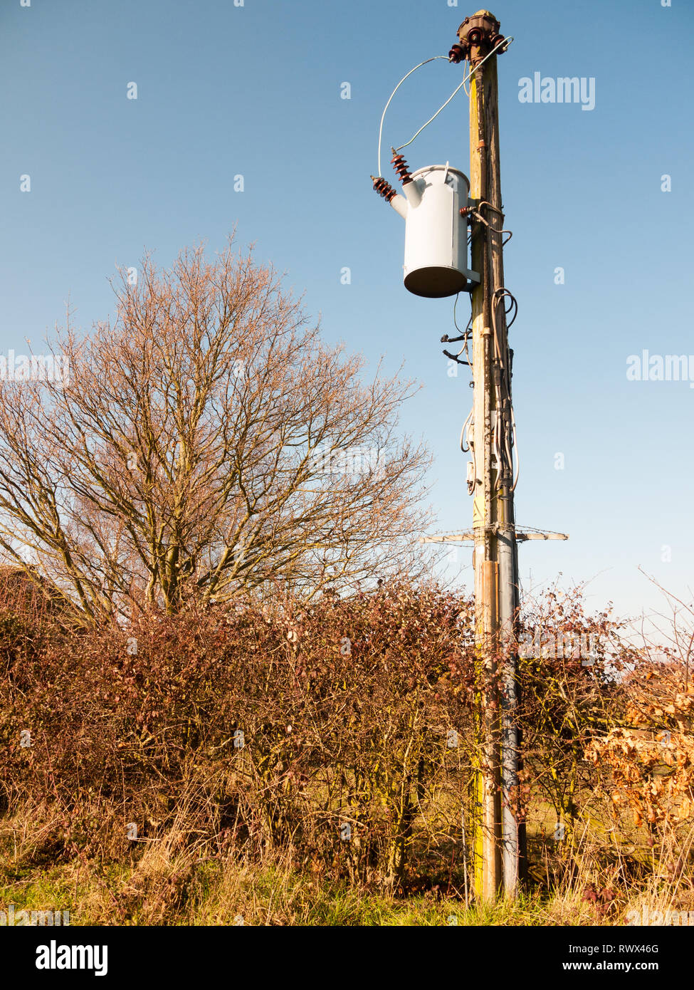 metal bucket hanging on pole electrics outside wires; essex; england ...