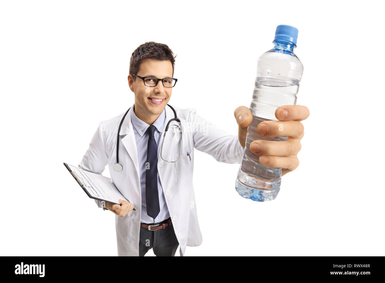 Doctor presenting bottle water camera hi-res stock photography and ...