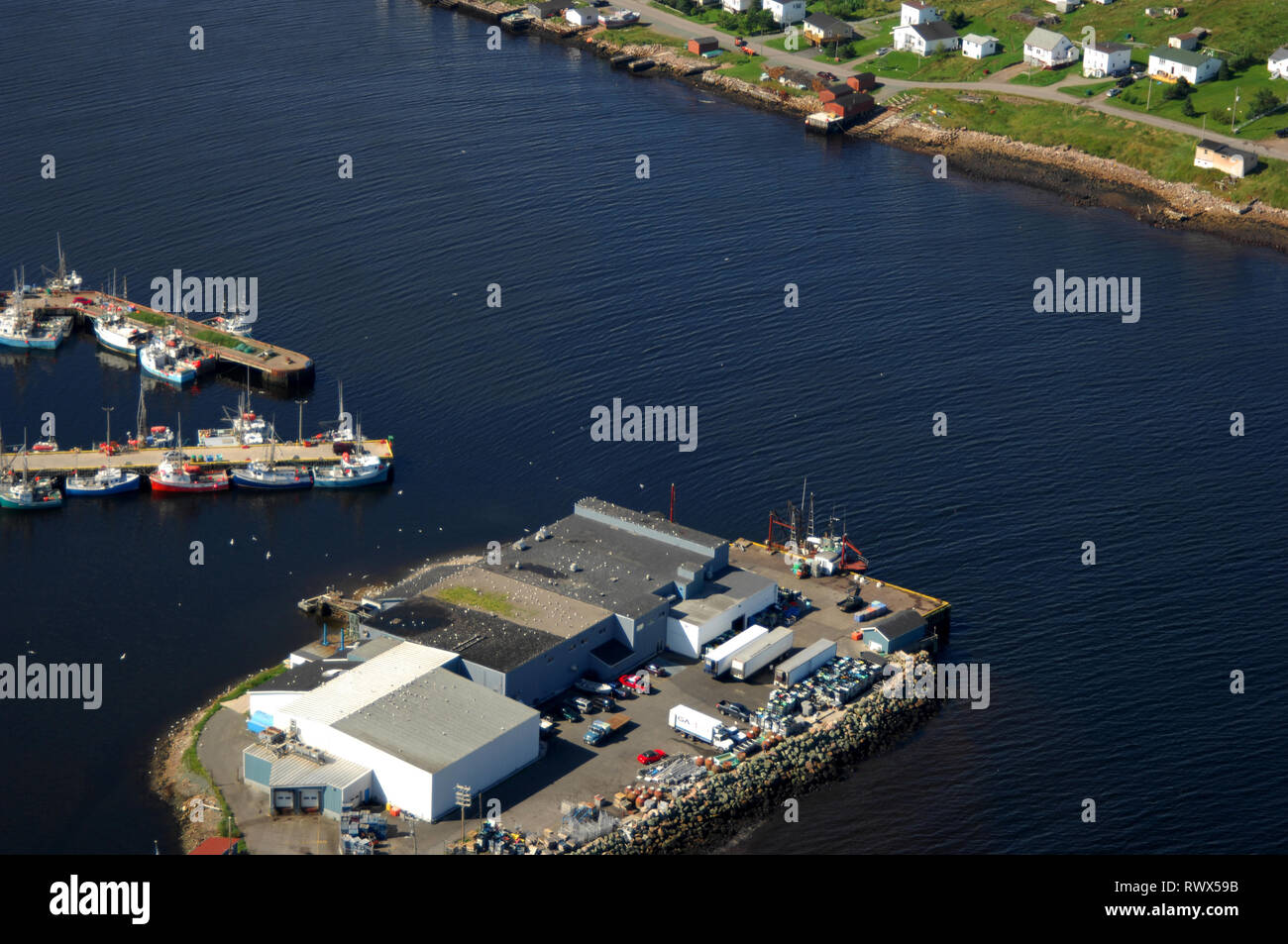 aerial, OCI fish plant, harbour, St Lawrence, Newfoundland Stock Photo ...