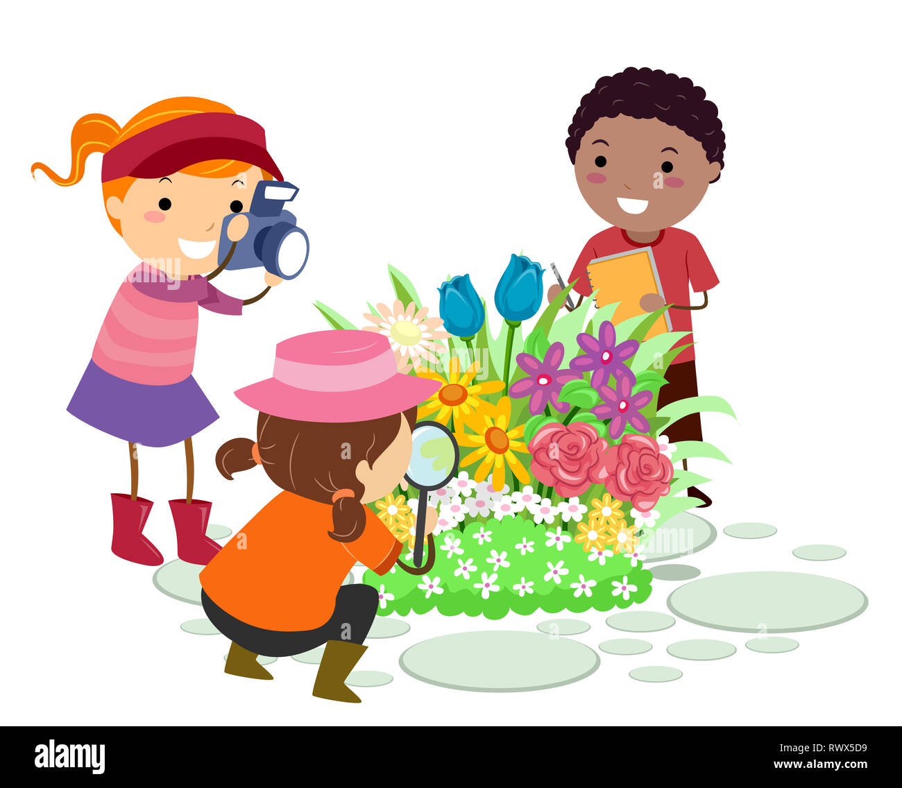 Illustration of Stickman Kids Taking Photo and Notes and Using a ...