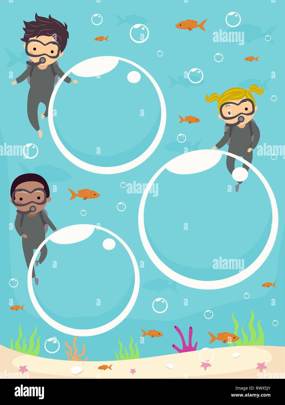 Illustration of Stickman Kids Wearing Scuba Suits with Big Bubbles ...