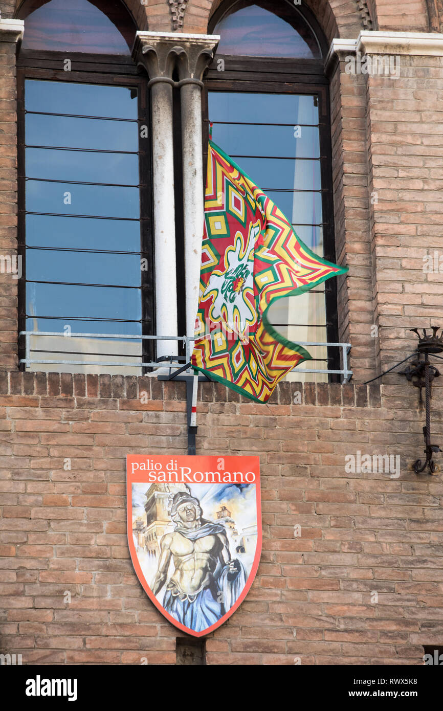 Ferrara, Italy - June 10, 2017: Palio flags and badges. The Palio of St ...