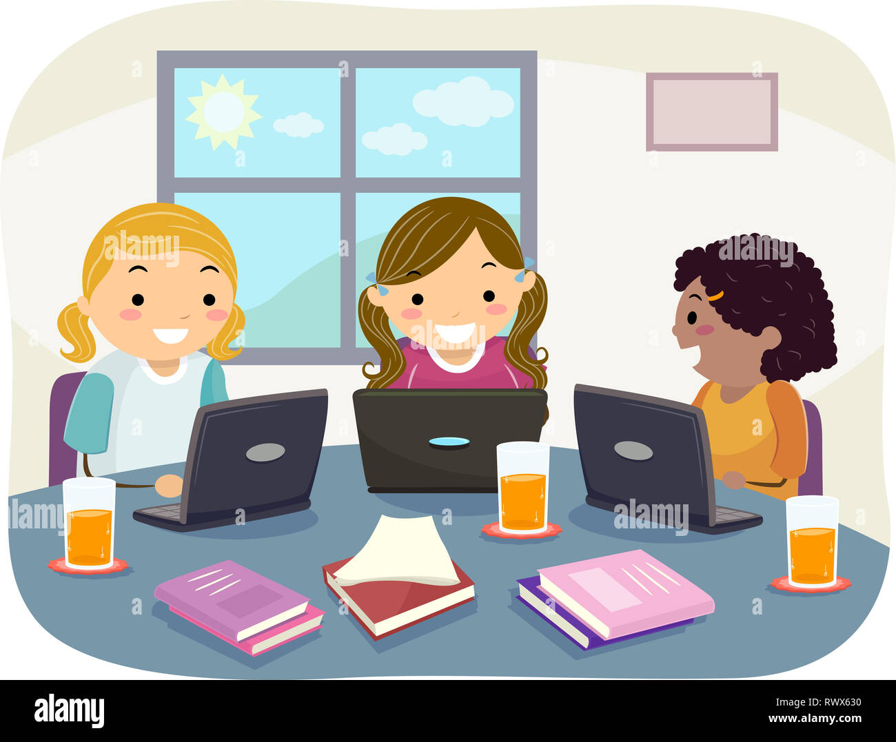 Illustration of Stickman Kids Girls Using their Laptop and Studying as ...