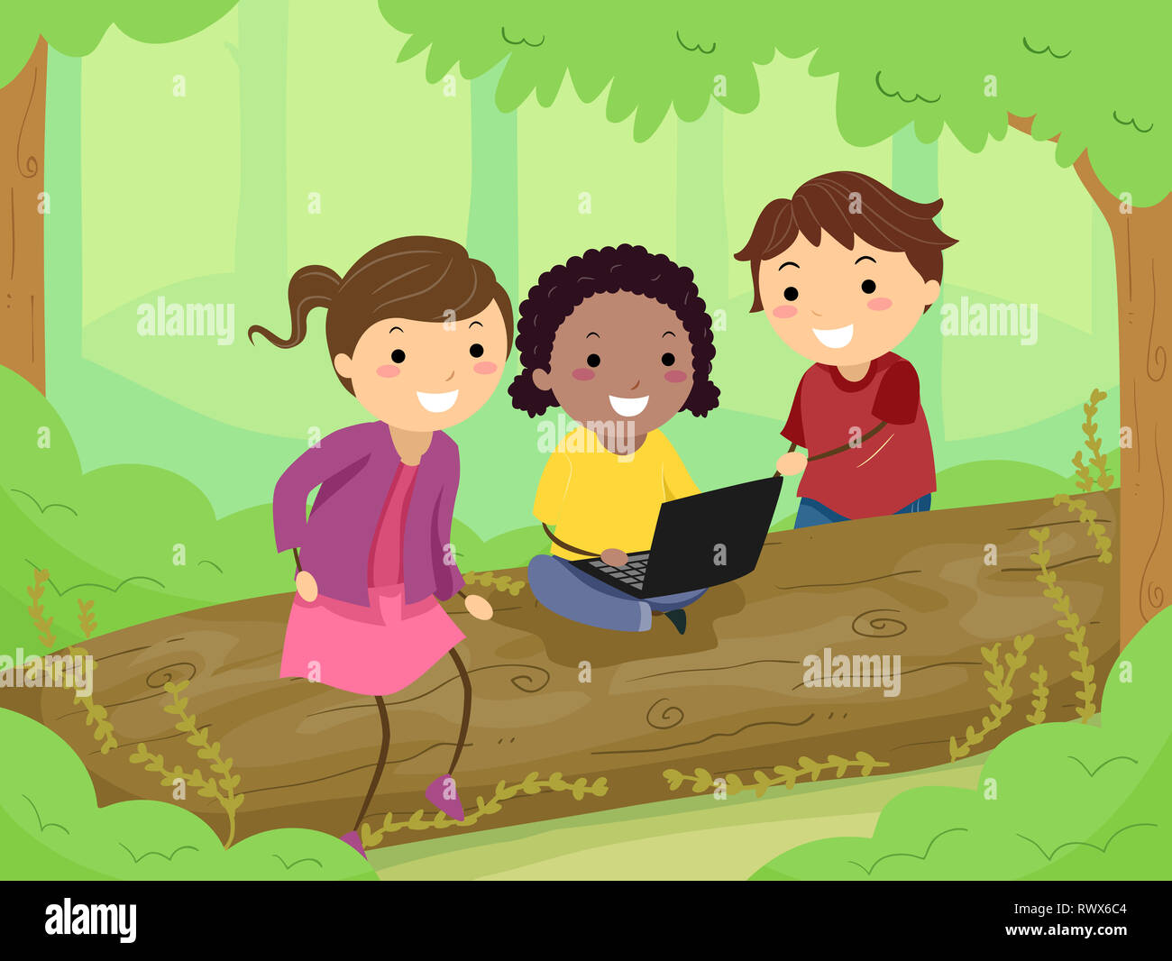 Illustration of Stickman Kids Studying with a Laptop and Sitting on a ...