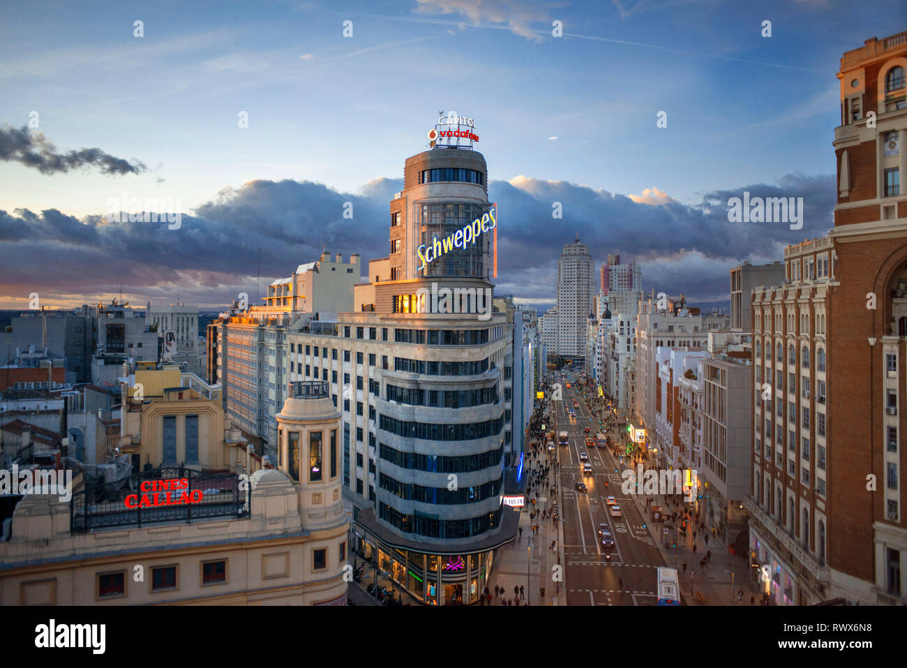 Capitol building, Gran Via at the Iconic Schweppes Building. The street ...