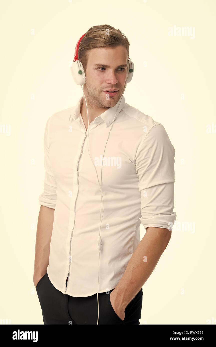 business training for businessman. businessman in headset listen to ...