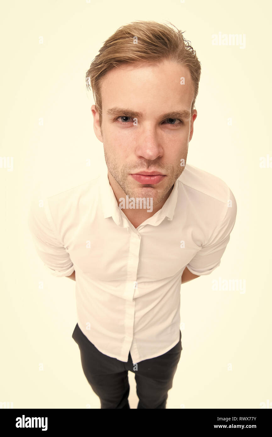 Suspicious glance. Man well groomed unbuttoned white collar elegant ...
