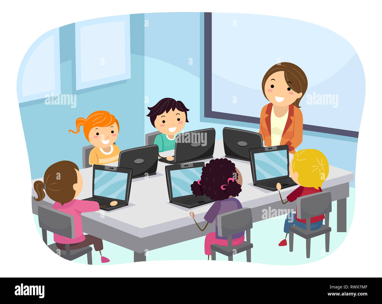 Illustration of Stickman Kids Using Laptop in Class with Teacher Stock ...