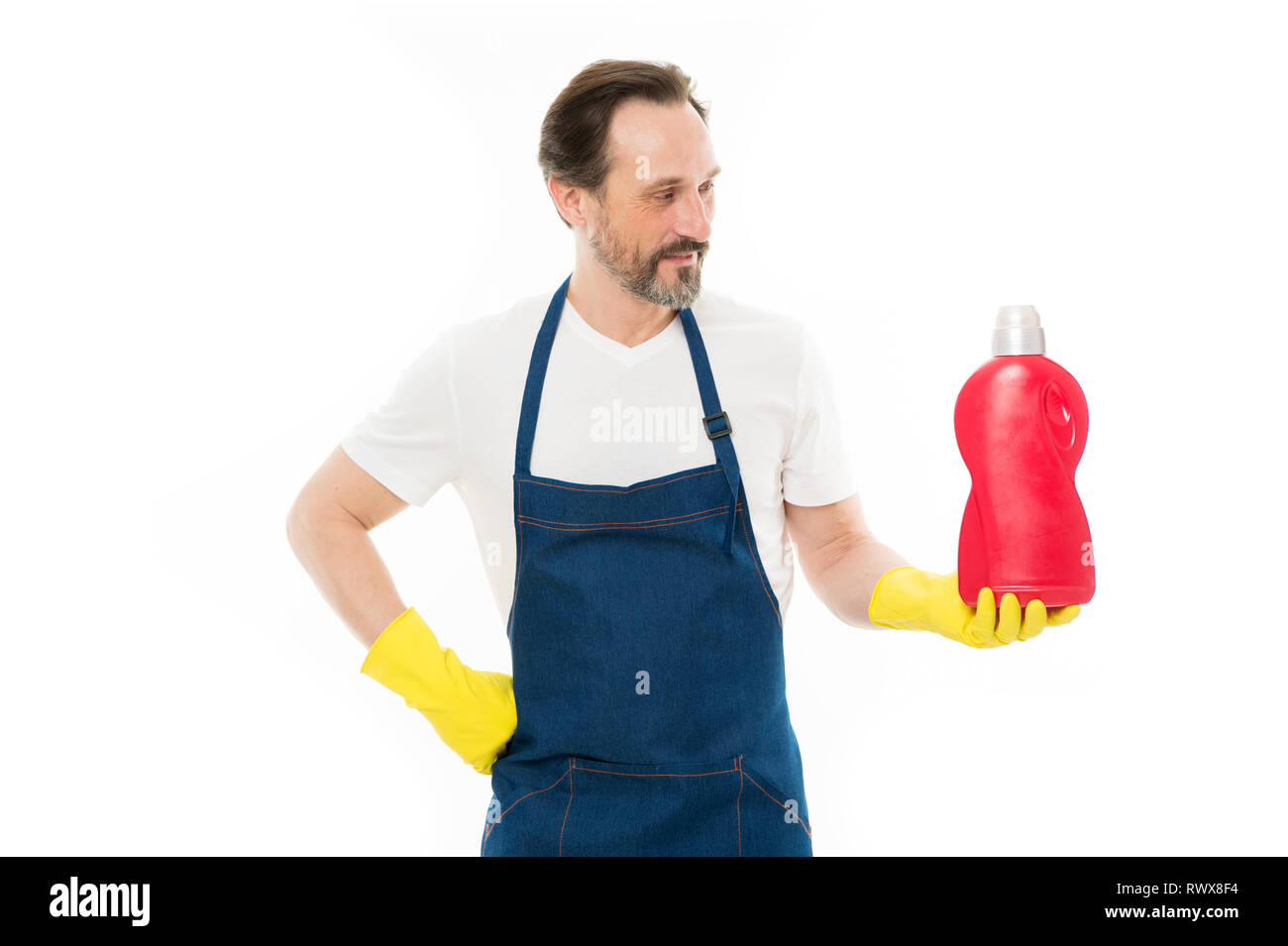 Cleaning service and household duty. Man in rubber gloves hold plastic ...